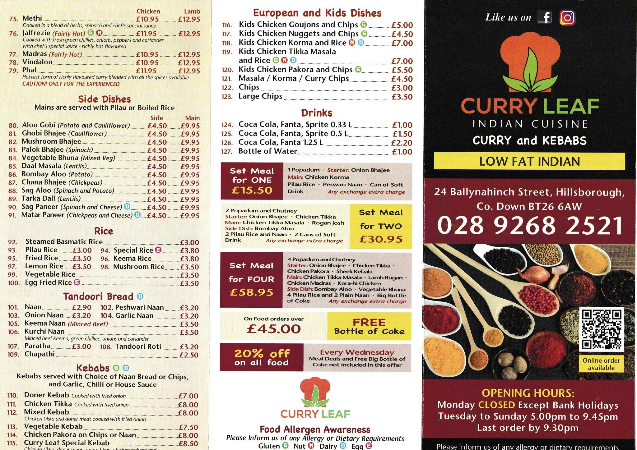 Menu at Curry Leaf restaurant, Hillsborough