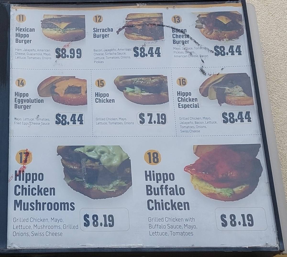 Menu at Hippo Burgers fast food, Houston, 8110 North Sam Houston Pkwy W