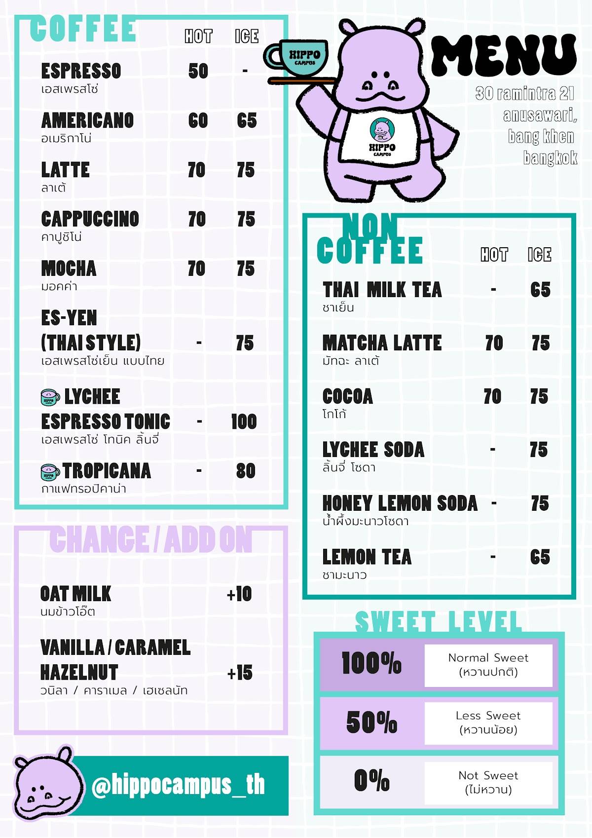 Carta de Hippo Campus Cafe - Ramintra 21, Bangkok