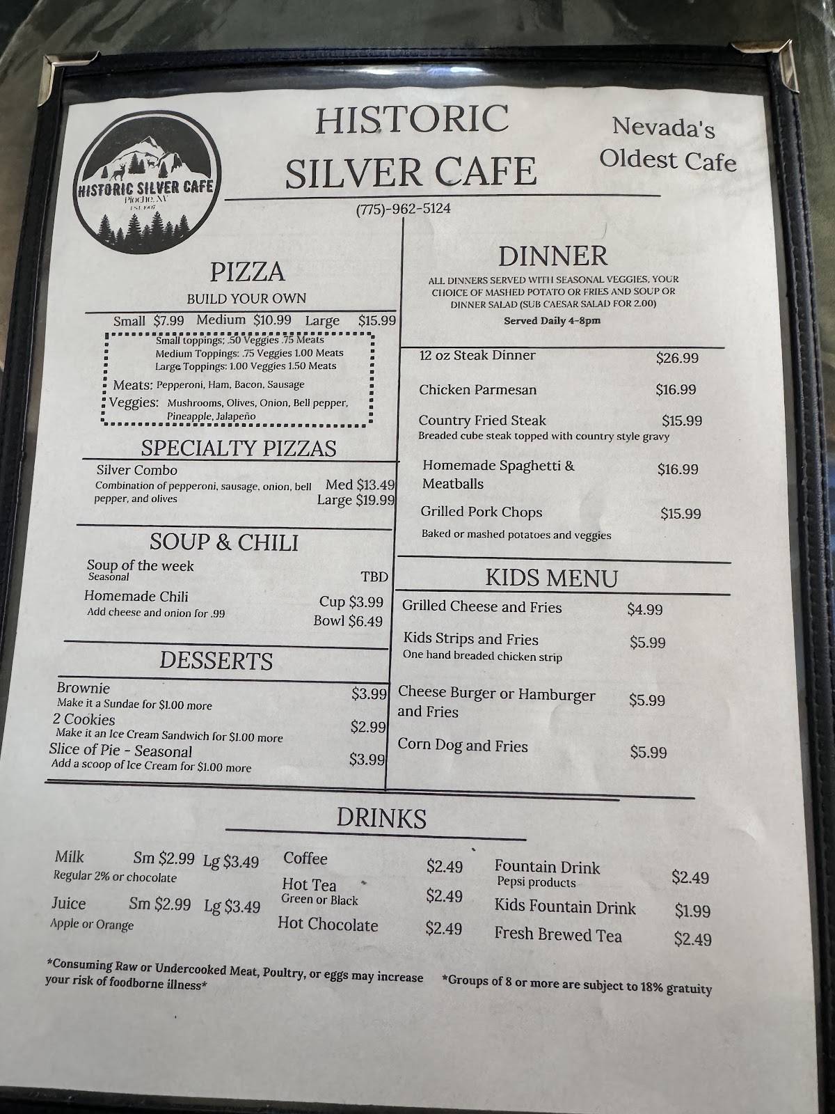 Menu at Historic Silver Café pizzeria, Pioche
