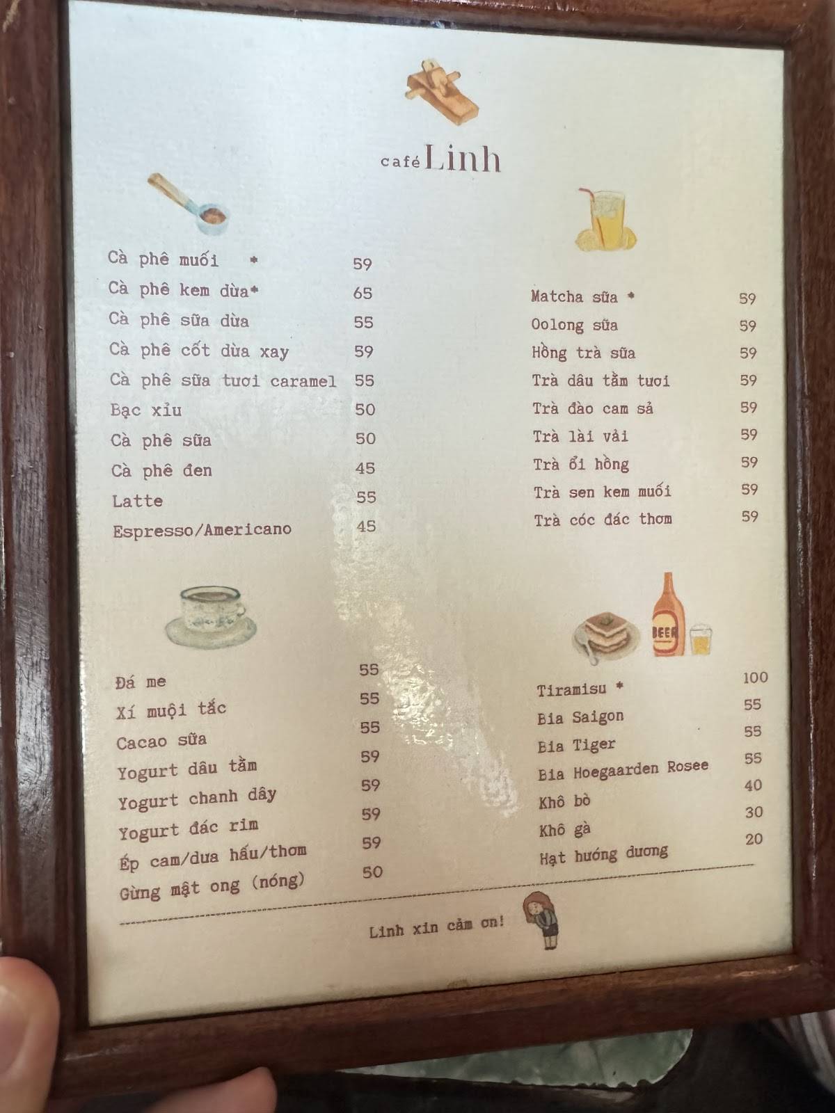 Menu at Cà phê Linh restaurant, Ho Chi Minh City, 1 Trương Định