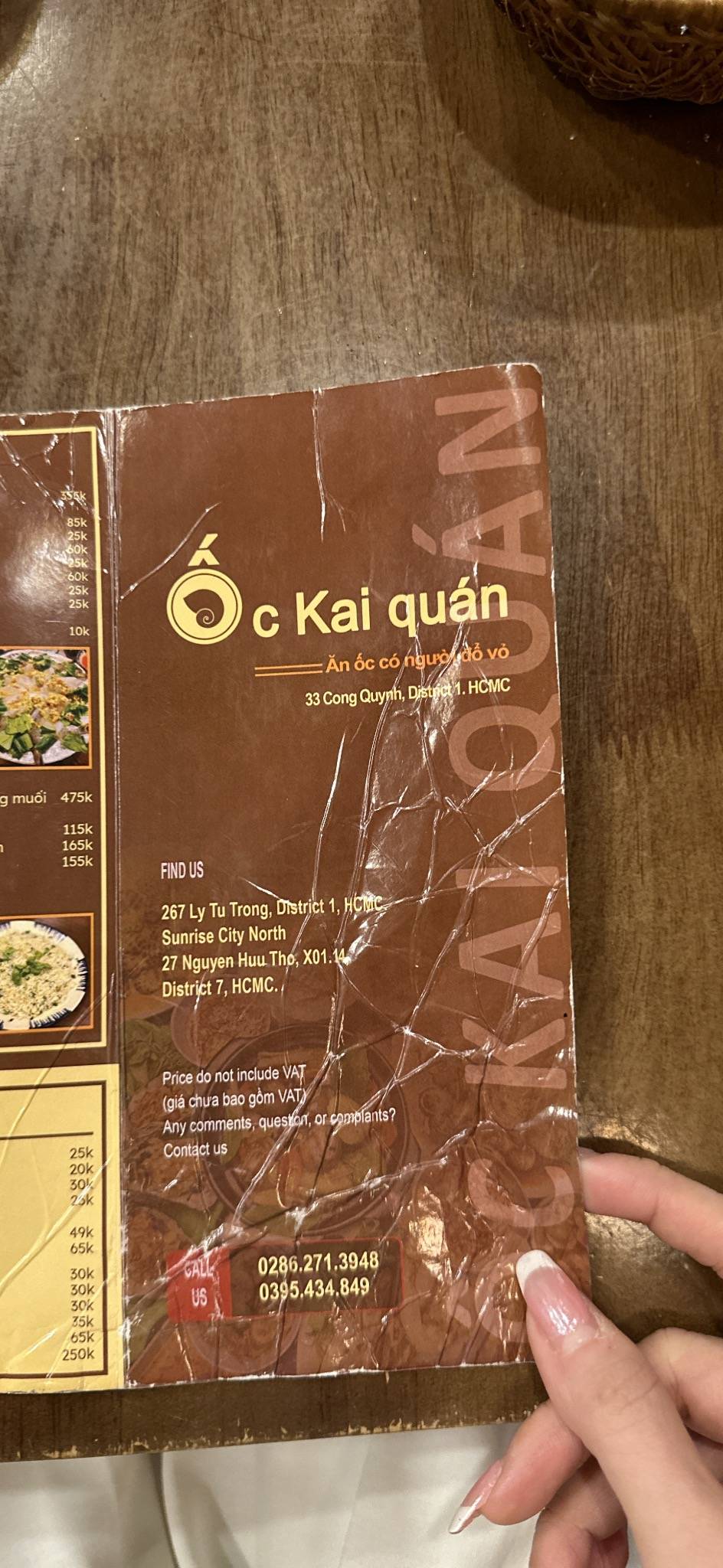 Menu at ỐC KAI QUÁN restaurant, Ho Chi Minh City