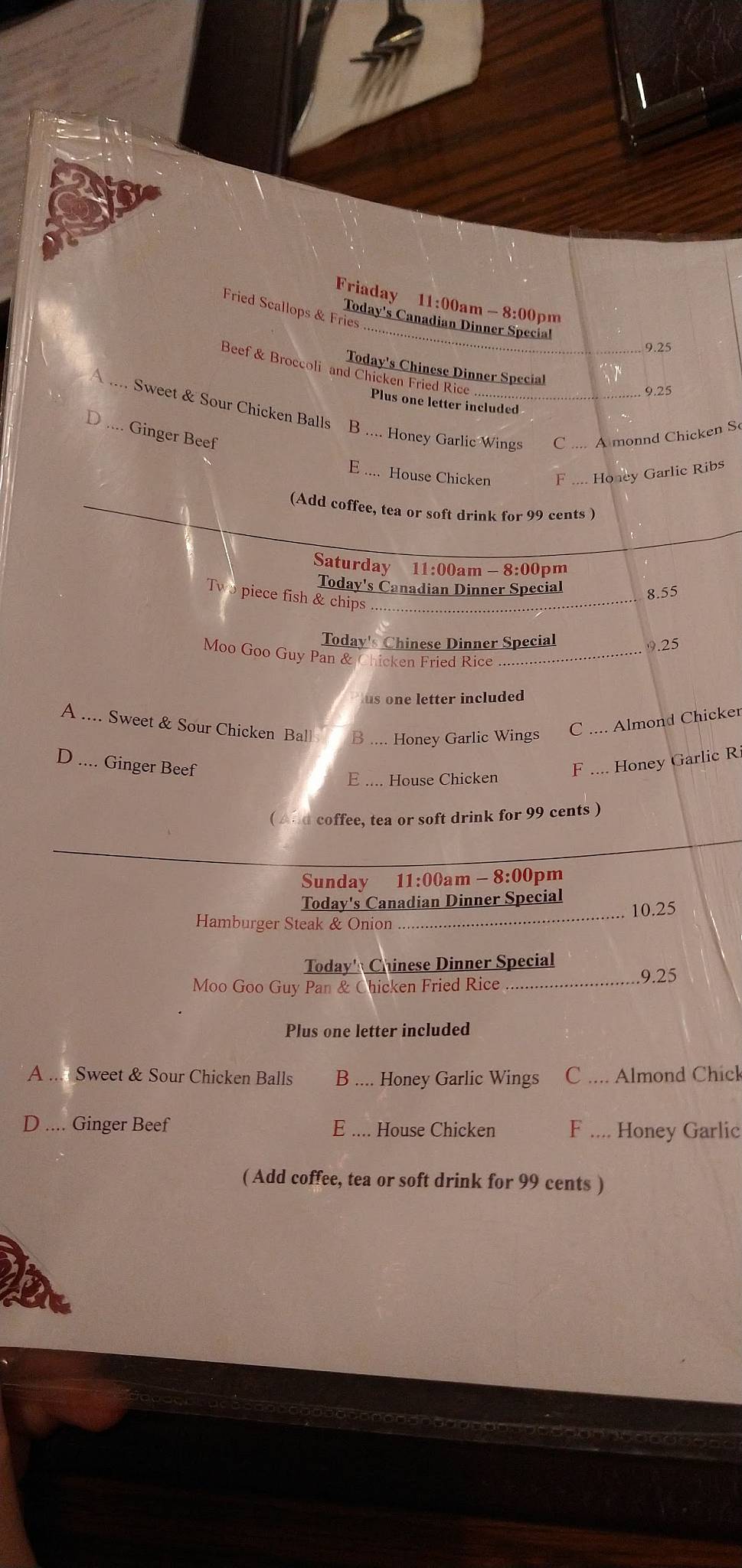 Menu at Ho Ho Wok Chinese Restaurant, Truro