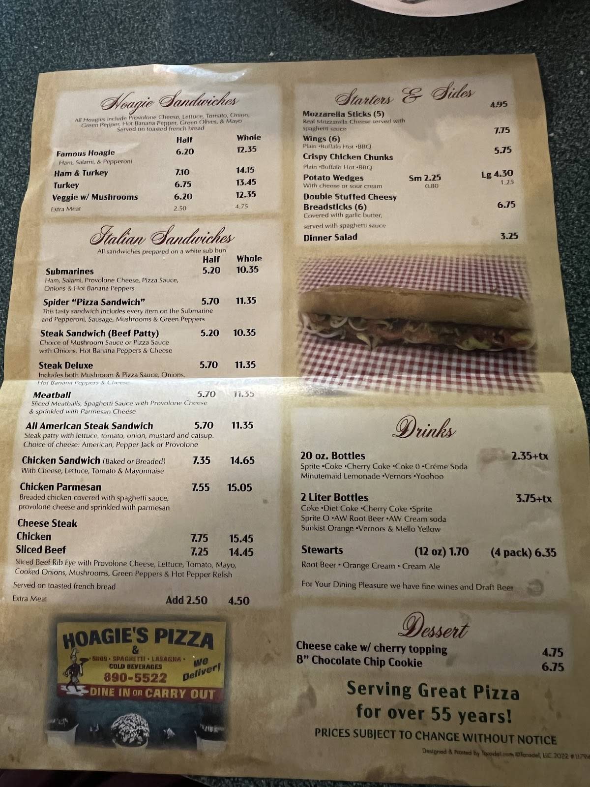 Menu at Hoagie's Pizza House,Inc. pizzeria, Dayton