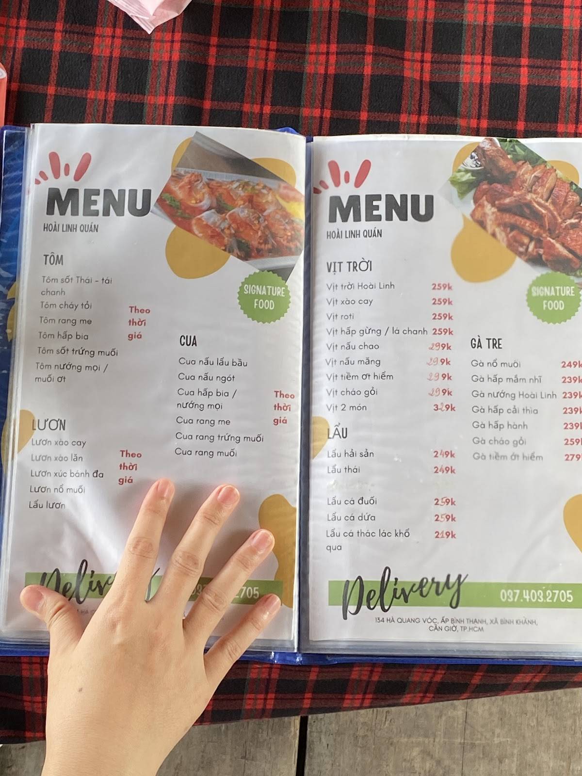 Menu at Hoài Linh Quán restaurant, Ho Chi Minh City, 134 Hà Quang Vóc