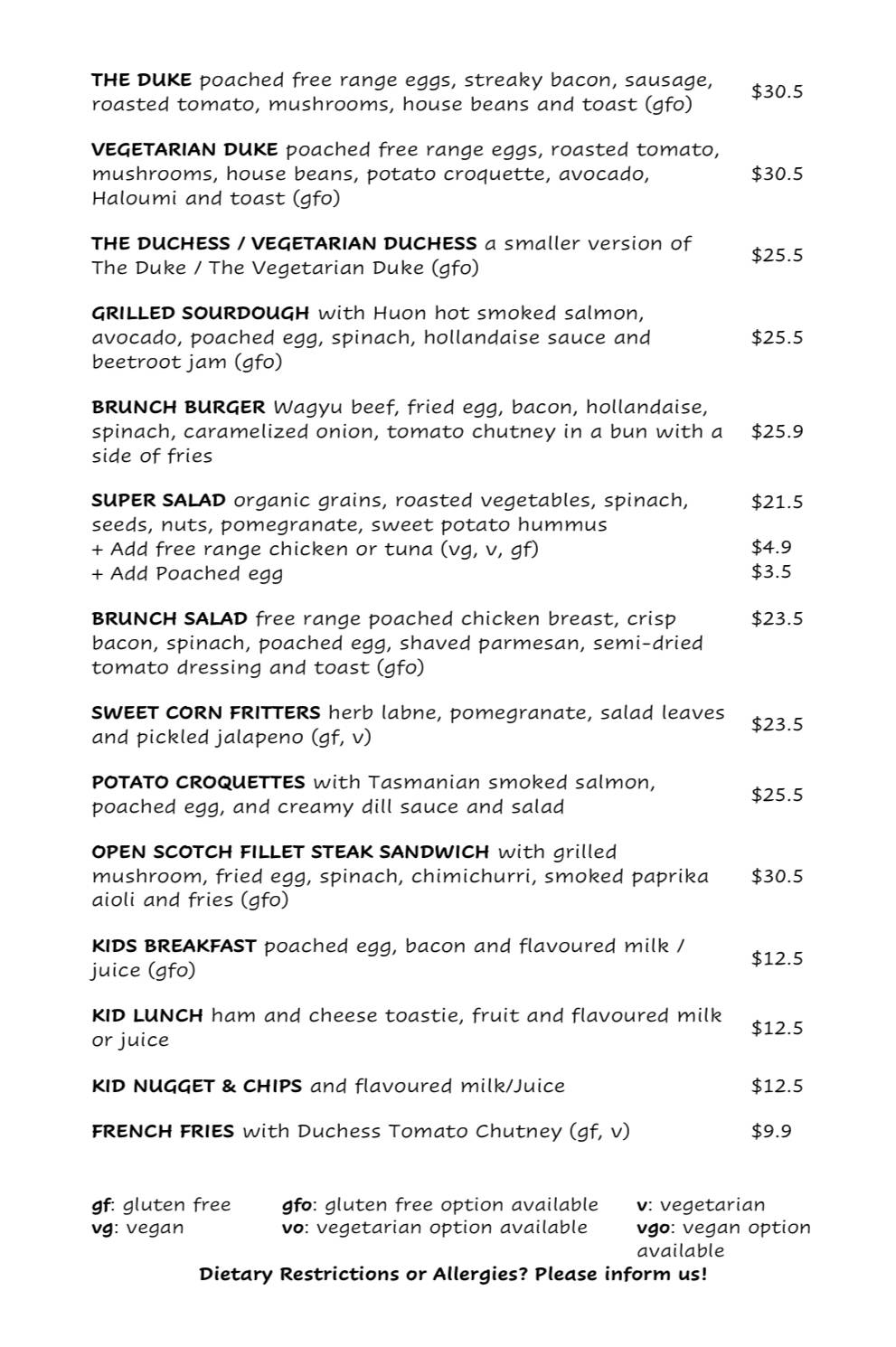 Menu at The Duchess Cafe, Sandy Bay