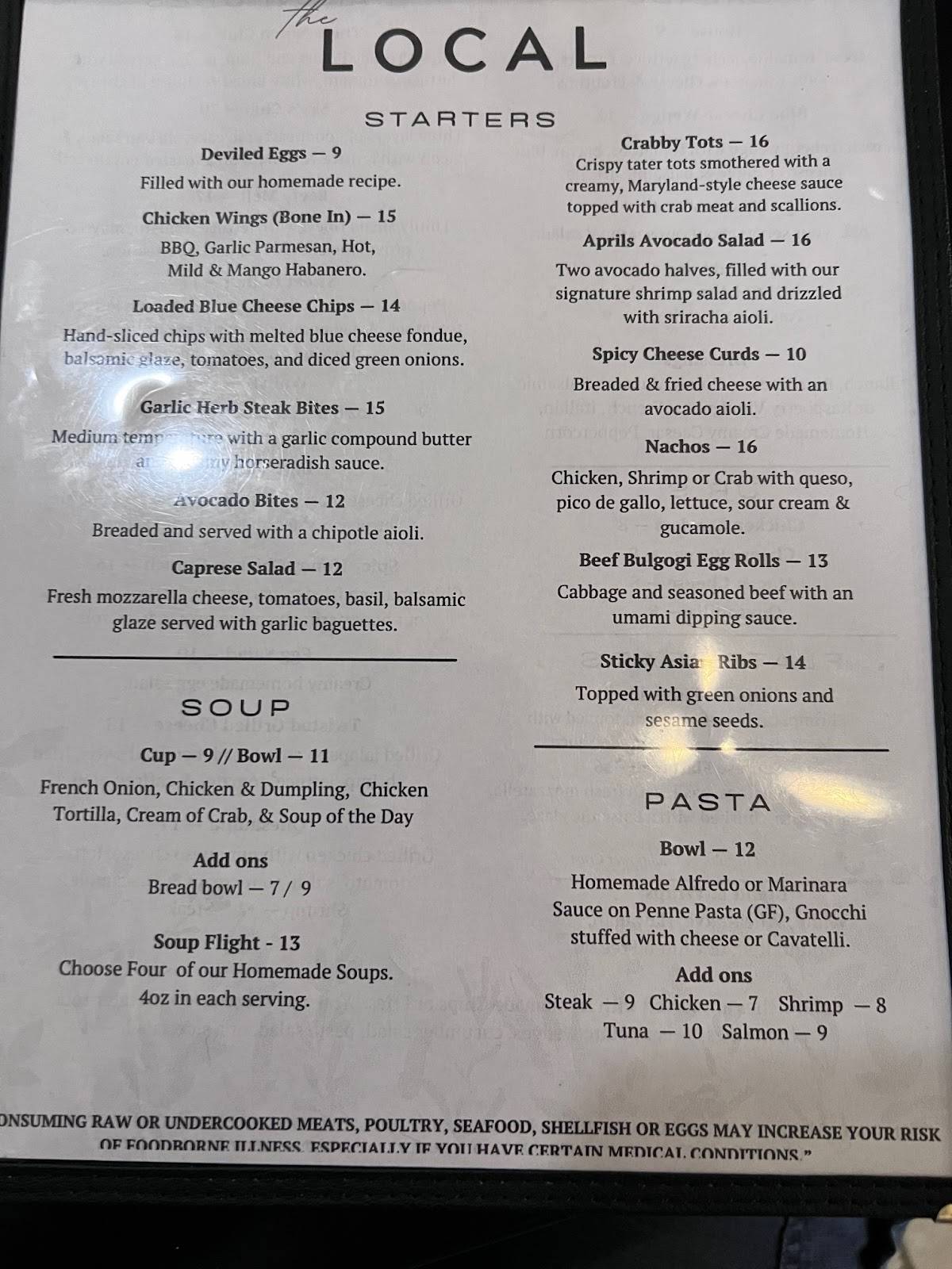 Menu at The Local restaurant, Hollywood