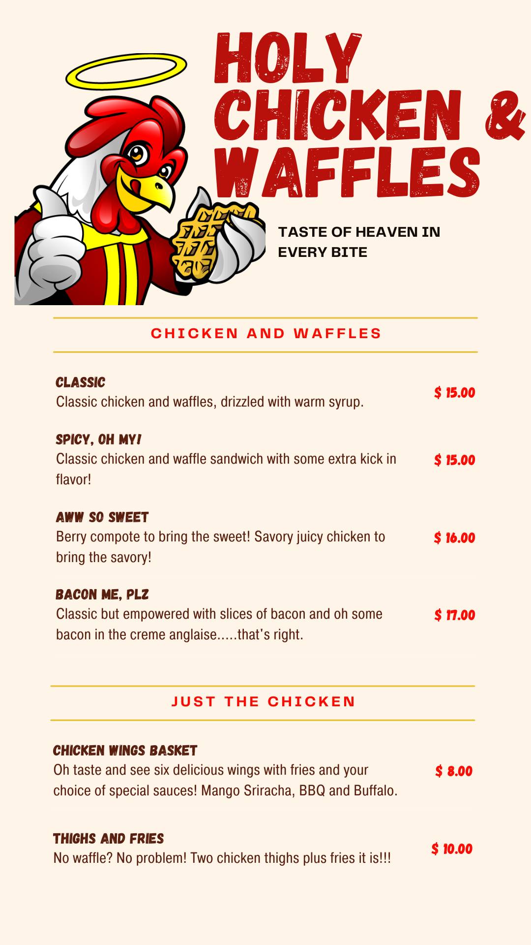 Menu at Holy Chicken and Waffles restaurant, Austin