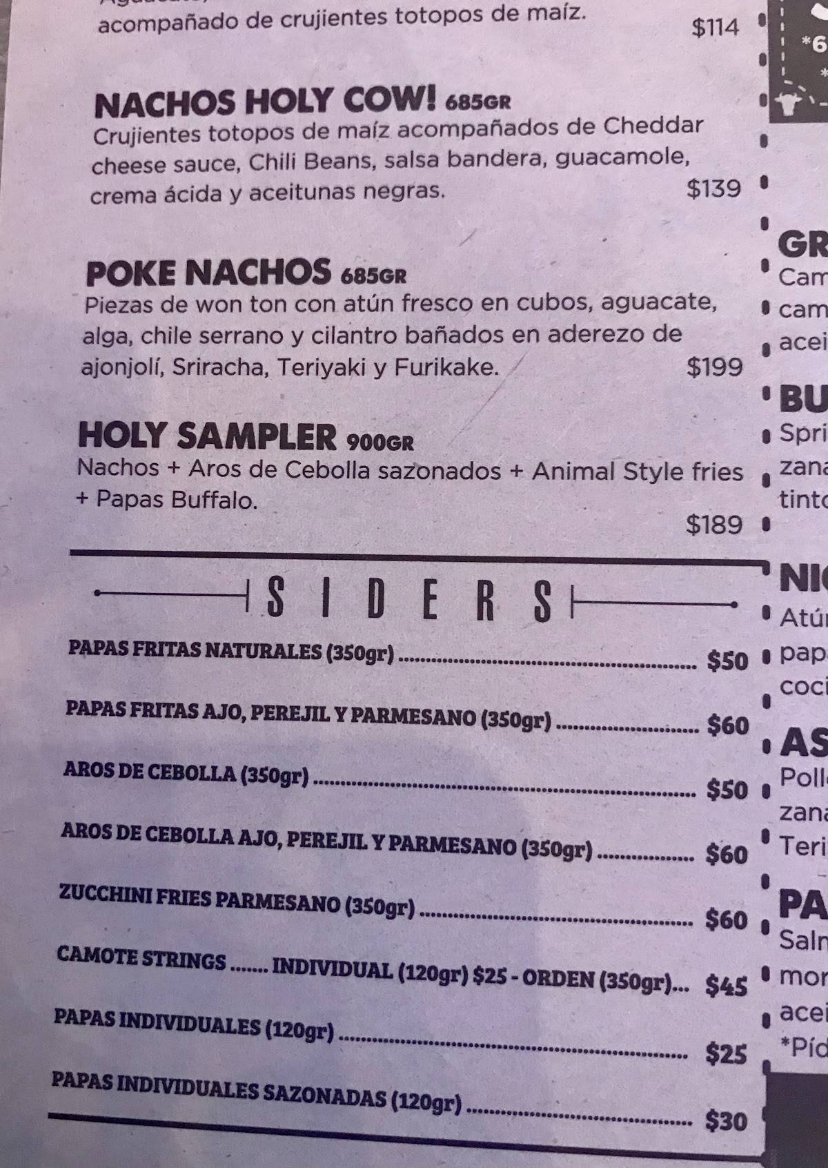Carta del restaurante Holy Cow! Burger & Beer Joint - La Gran Vía, Mexicali