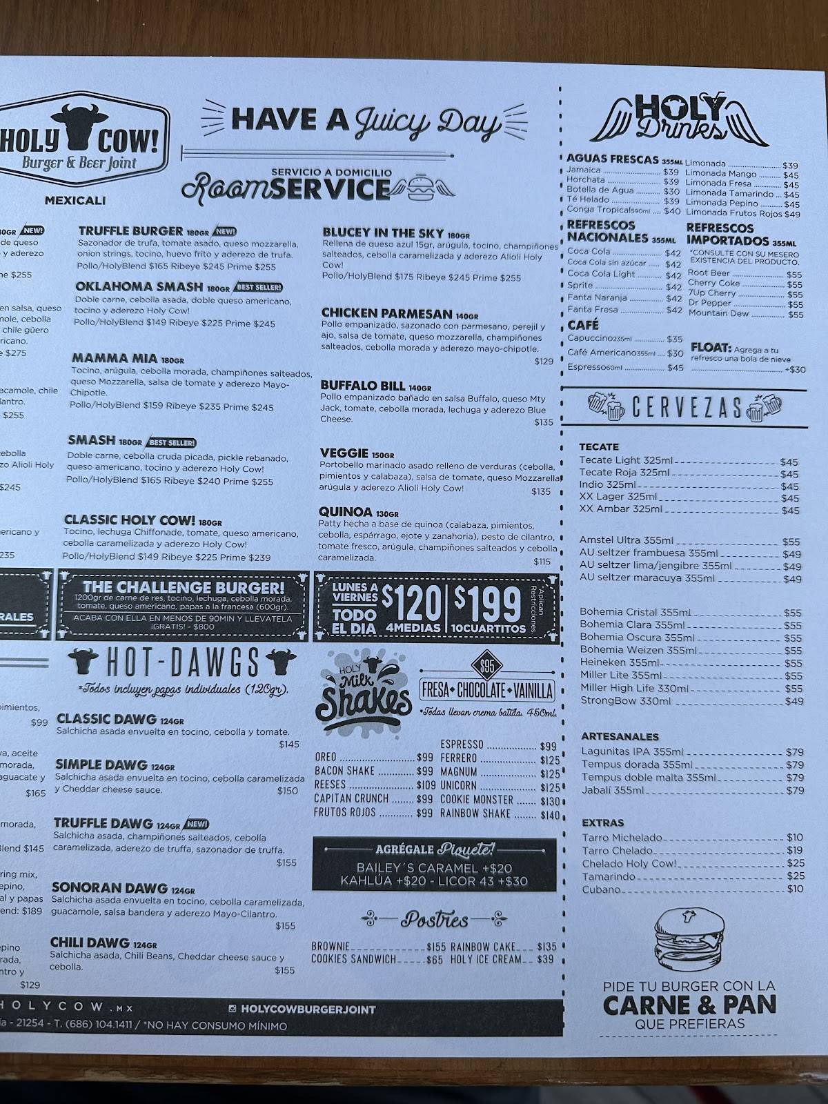 Carta del restaurante Holy Cow! Burger & Beer Joint - La Gran Vía, Mexicali