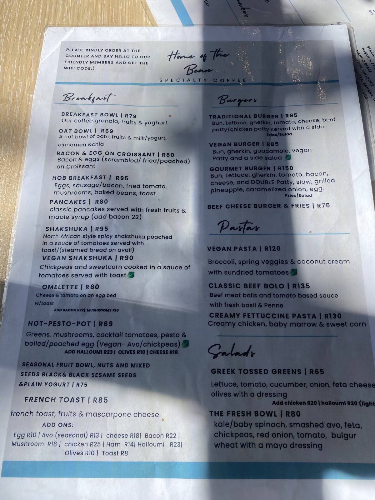Menu at Home of the Bean restaurant, Johannesburg