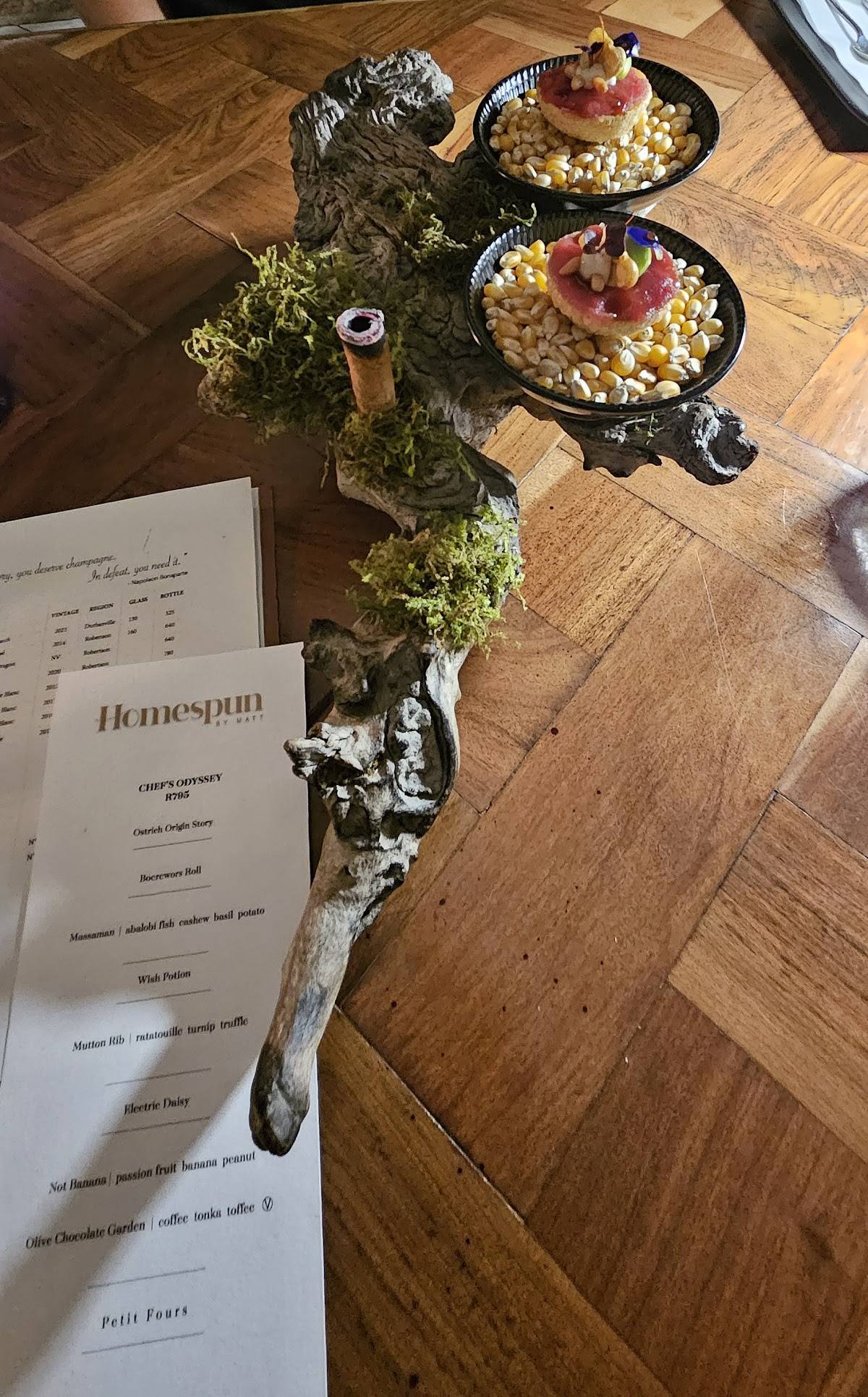 Menu at Homespun Claremont restaurant, Cape Town