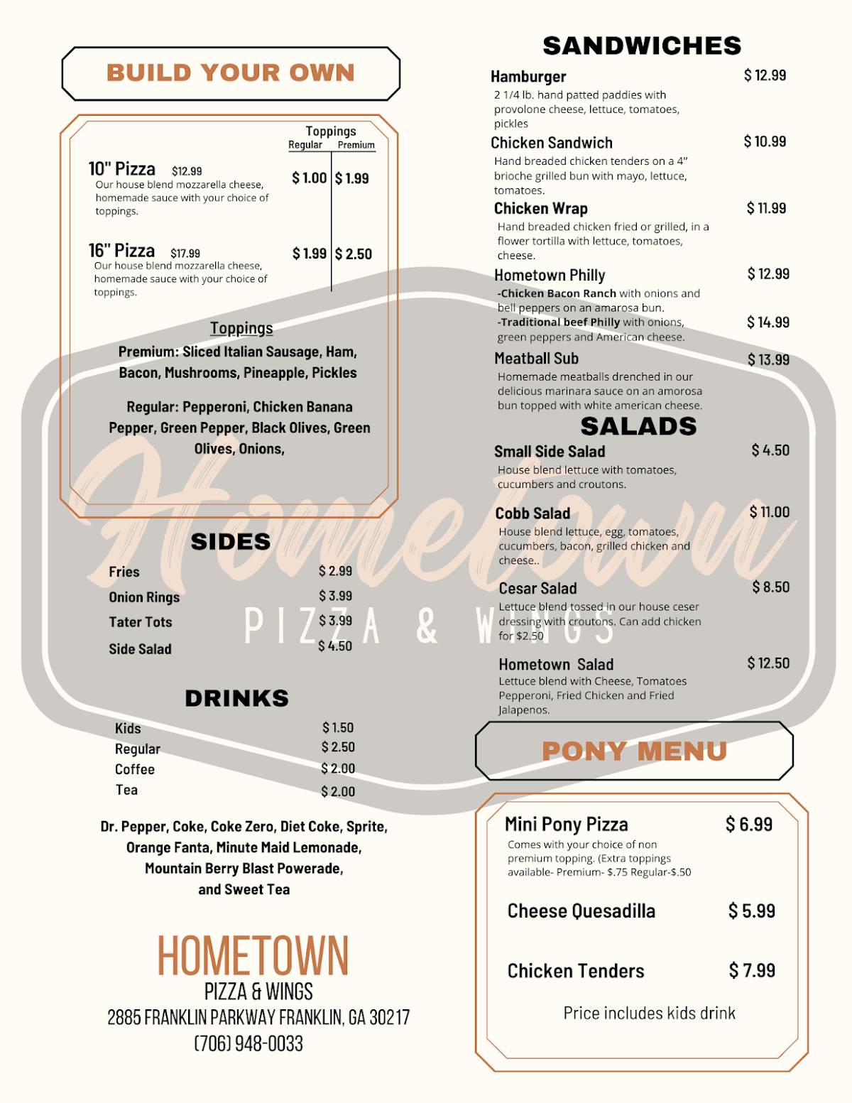 Menu at Hometown Pizza & Wings pizzeria, Franklin