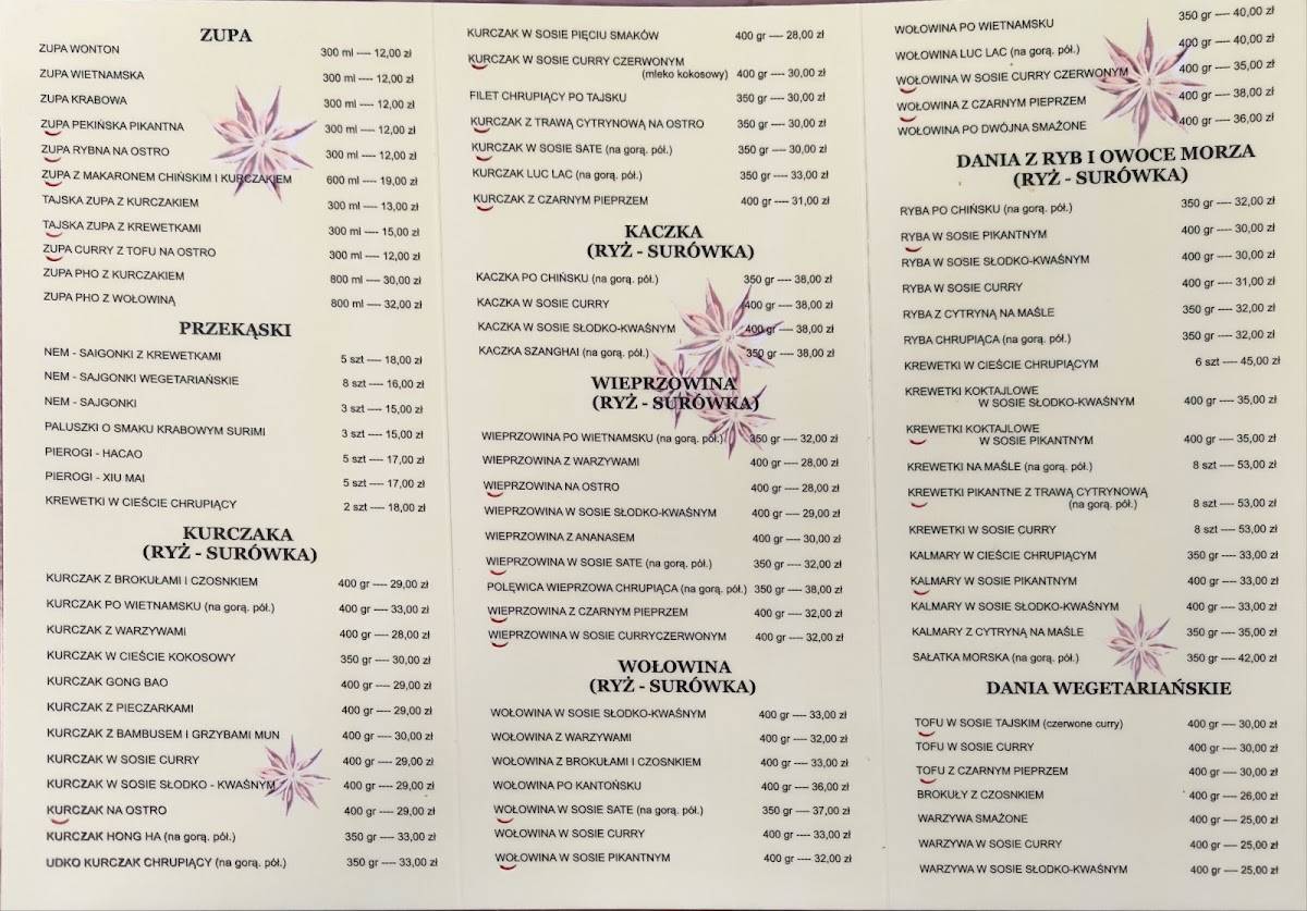 Menu at Hong Ha restaurant, Kraków, al. 29 Listopada 121