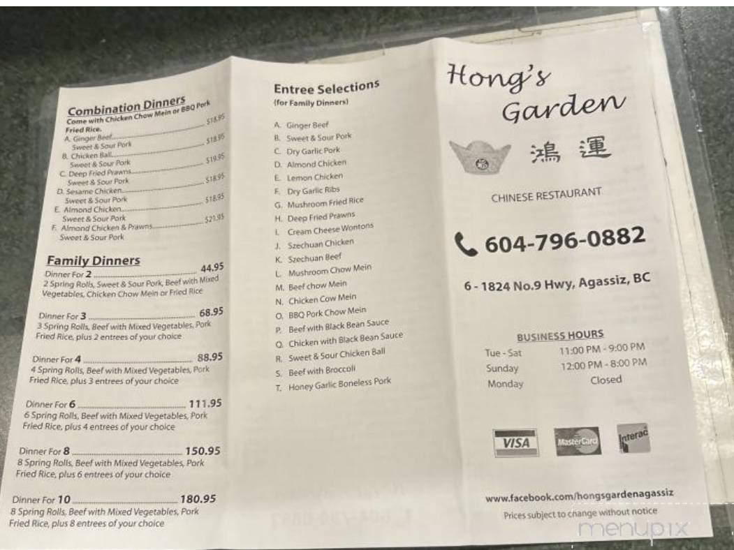 Menu at Hong's Garden Chinese Restaurant, Agassiz, BC-9 #6