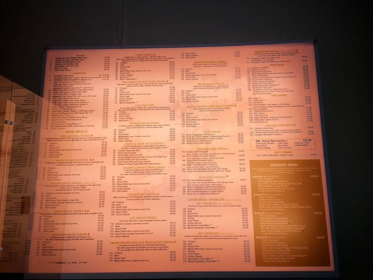 Menu at Hoo Kee restaurant, Northampton