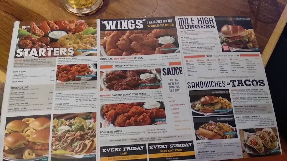 Menu at Hooters Umhlanga restaurant, Durban, 2 Lagoon Dr