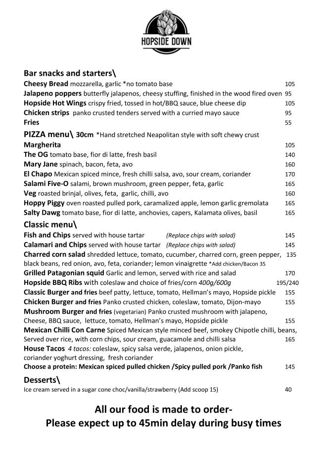 Menu at Hopside Down restaurant, Hermanus
