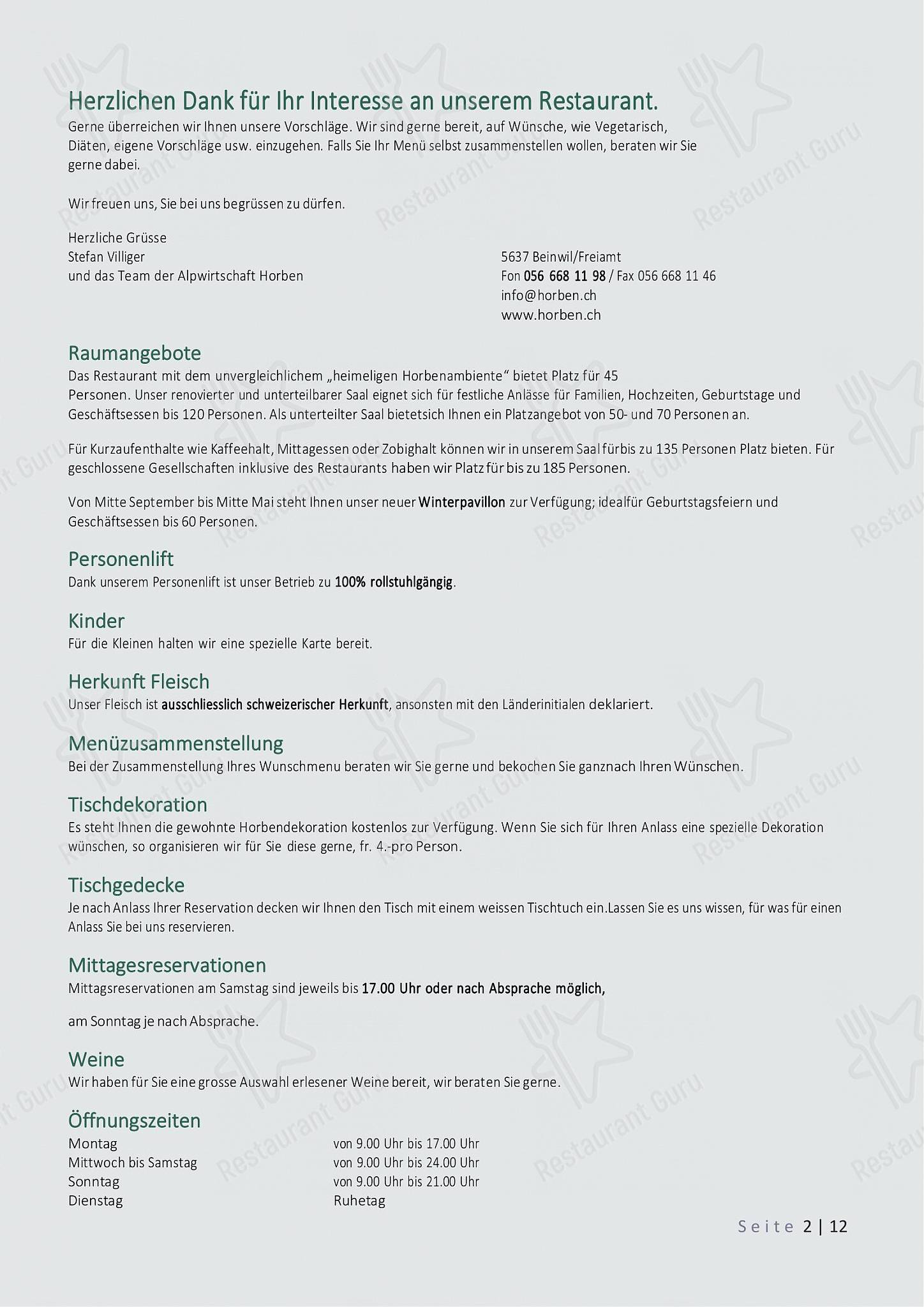 Speisekarte von Alpwirtschaft Horben, Beinwil (Freiamt)