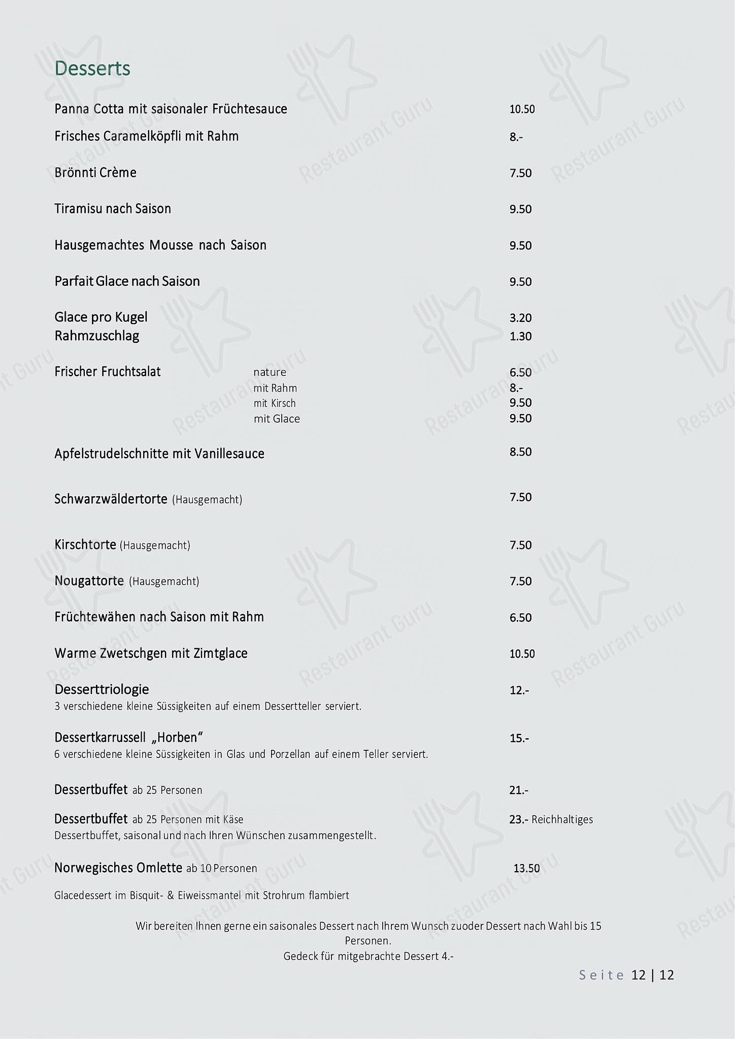 Speisekarte von Alpwirtschaft Horben, Beinwil (Freiamt)