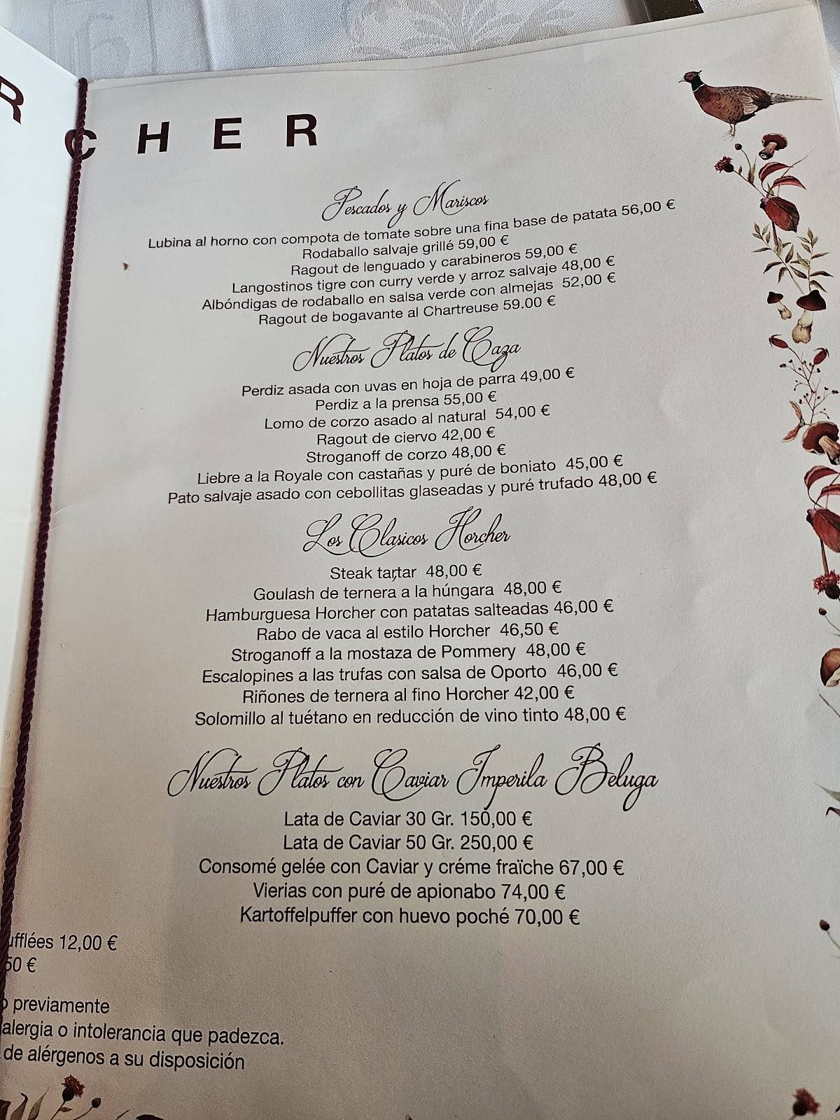 Menu at Horcher restaurant, Madrid