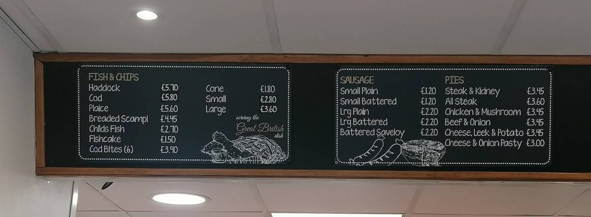 Menu at Mermaid Fisheries fast food, Horncastle