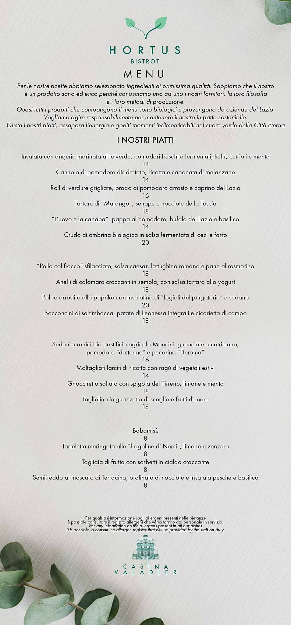 Menu da Hortus Bar, Roma