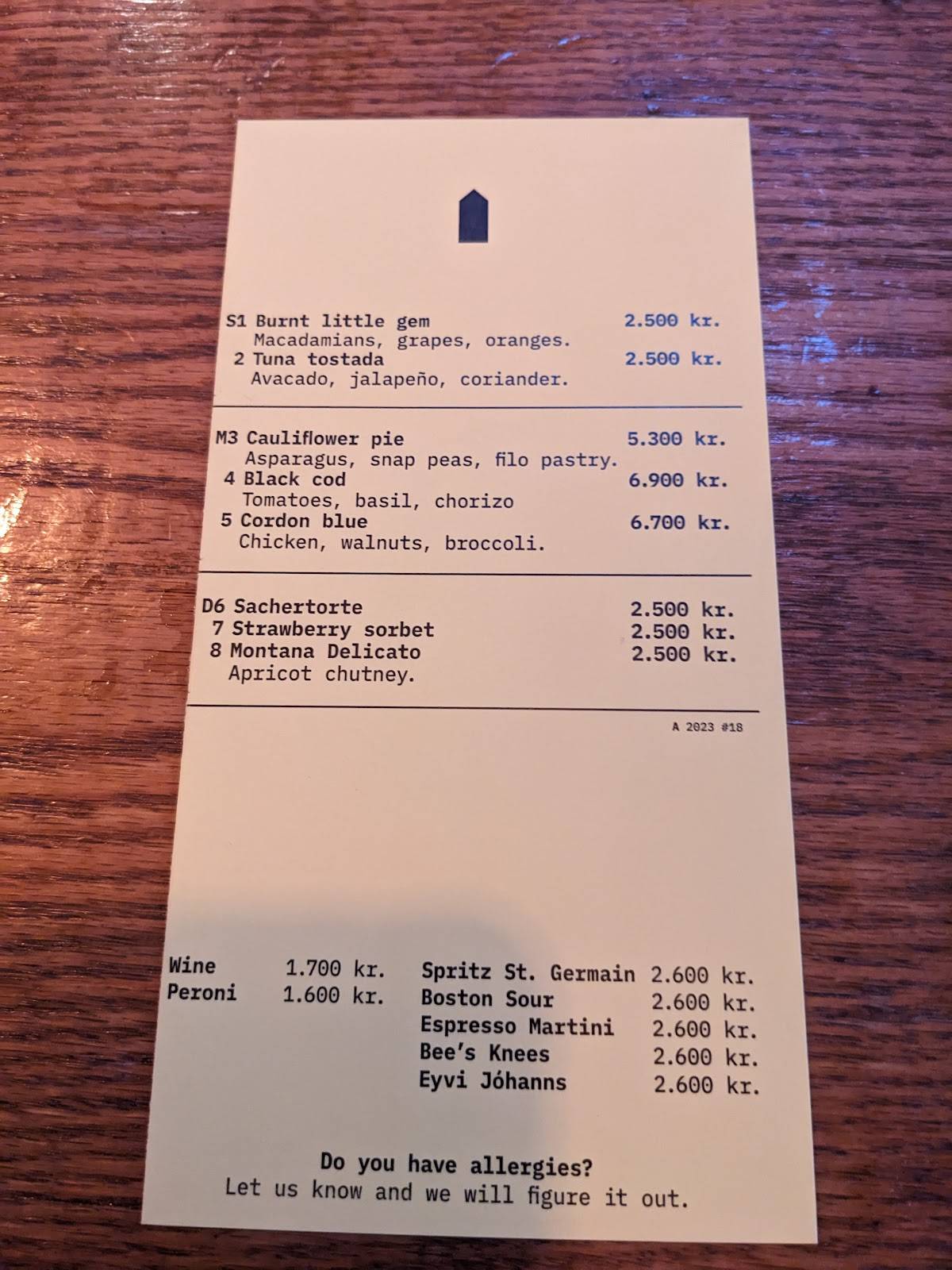 Menu at Hosiló restaurant, Reykjavík