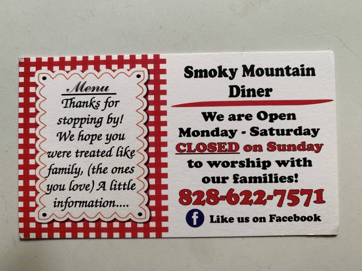 Menu at Smoky Mountain Diner restaurant, Hot Springs