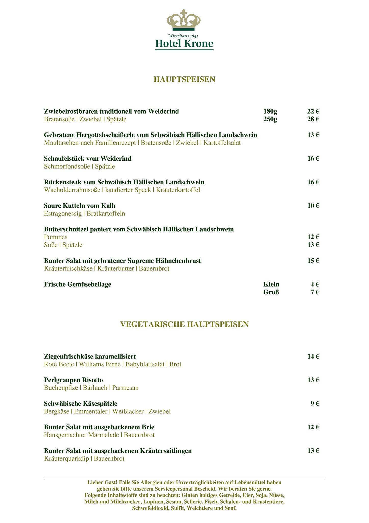 Speisekarte von Hotel Krone restaurant, Nellingen