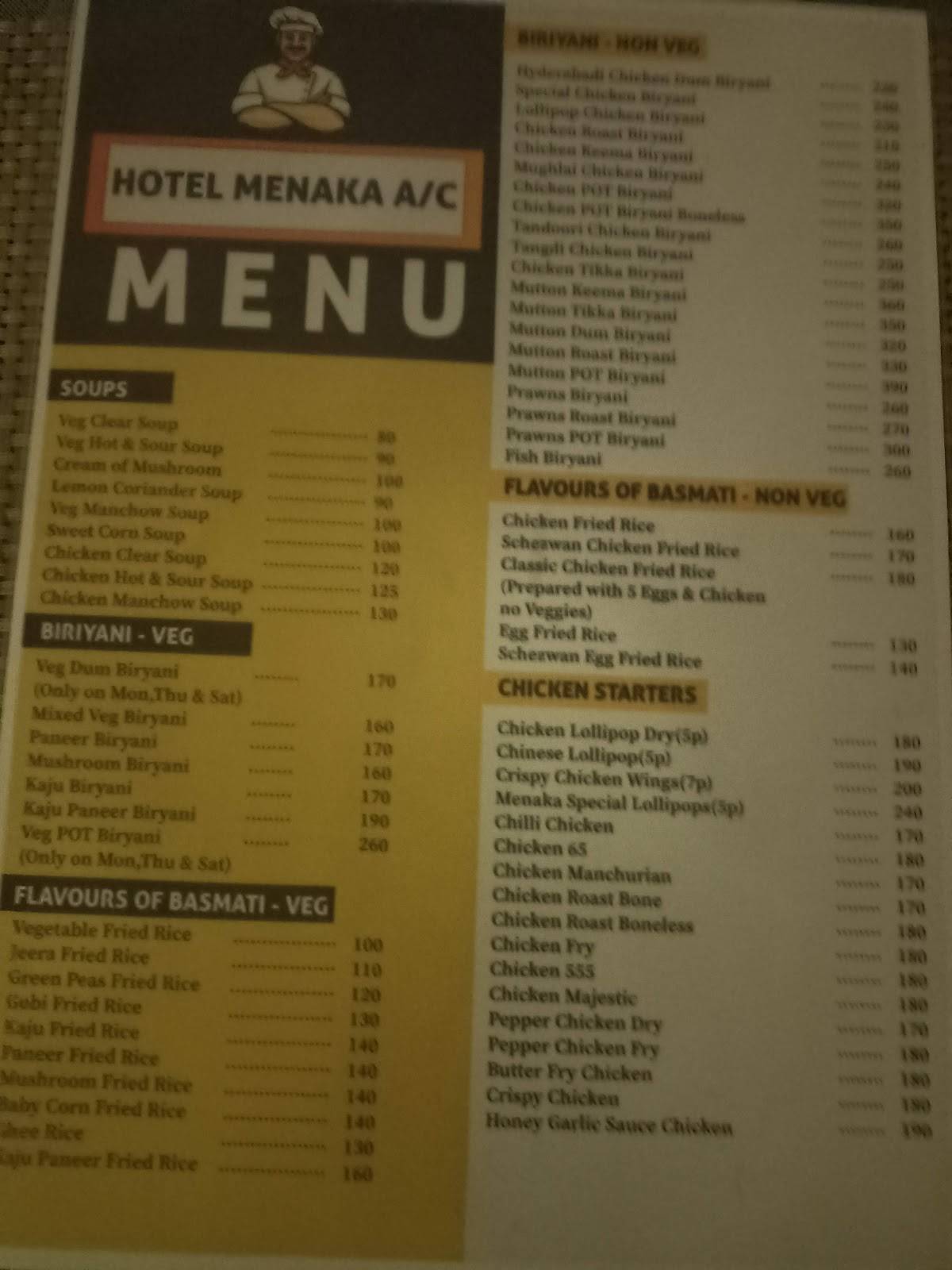 Menu at Menaka, Rajampet
