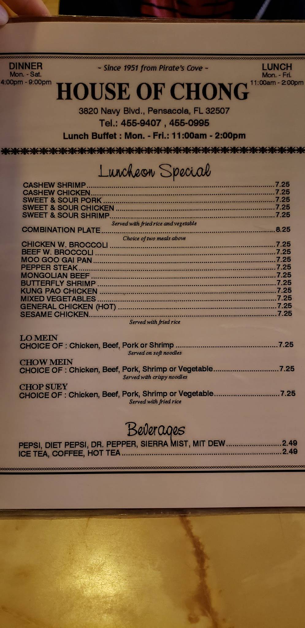 Menu at House of Chong restaurant, Pensacola