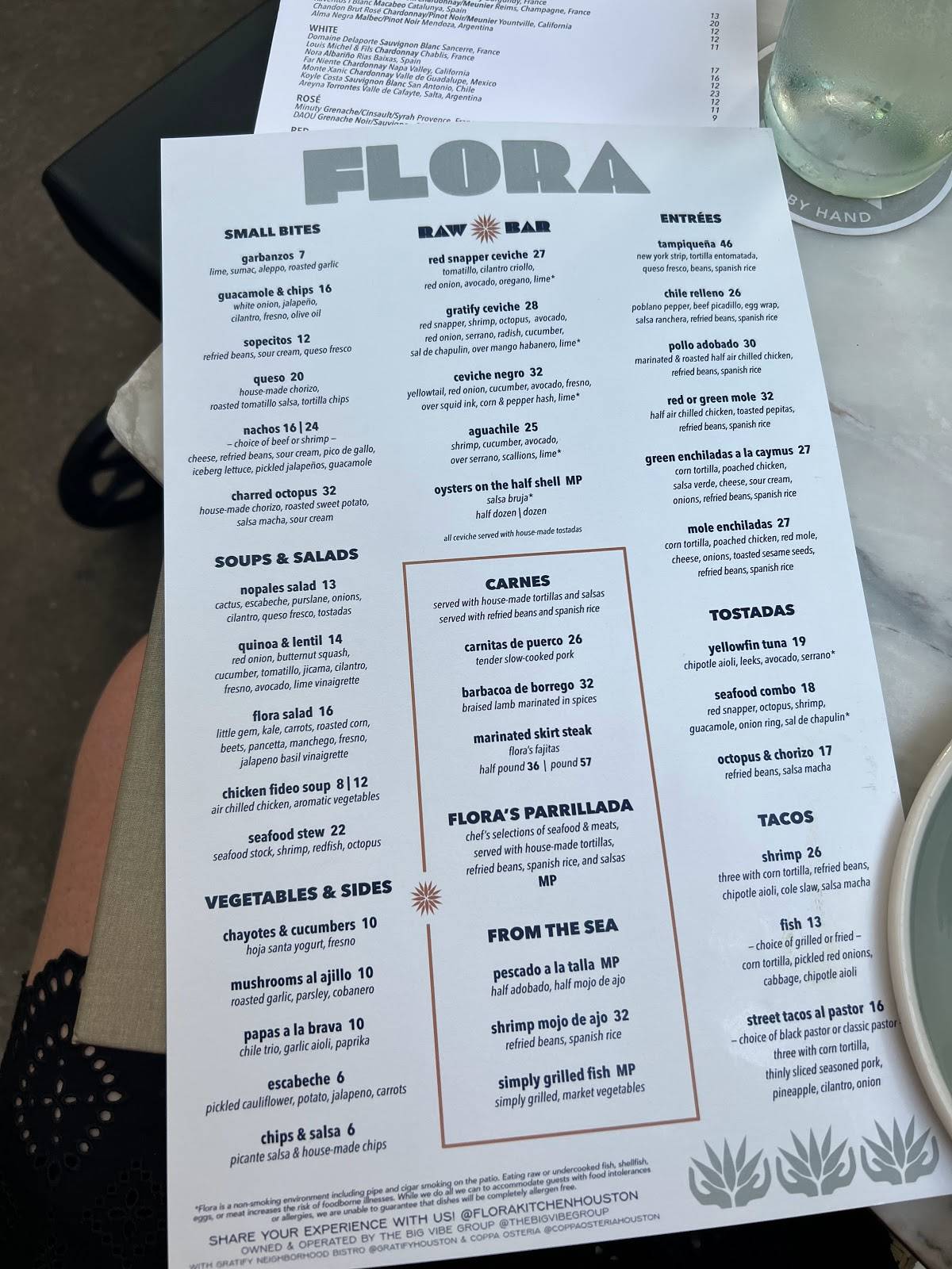 Menu at Flora restaurant, Houston