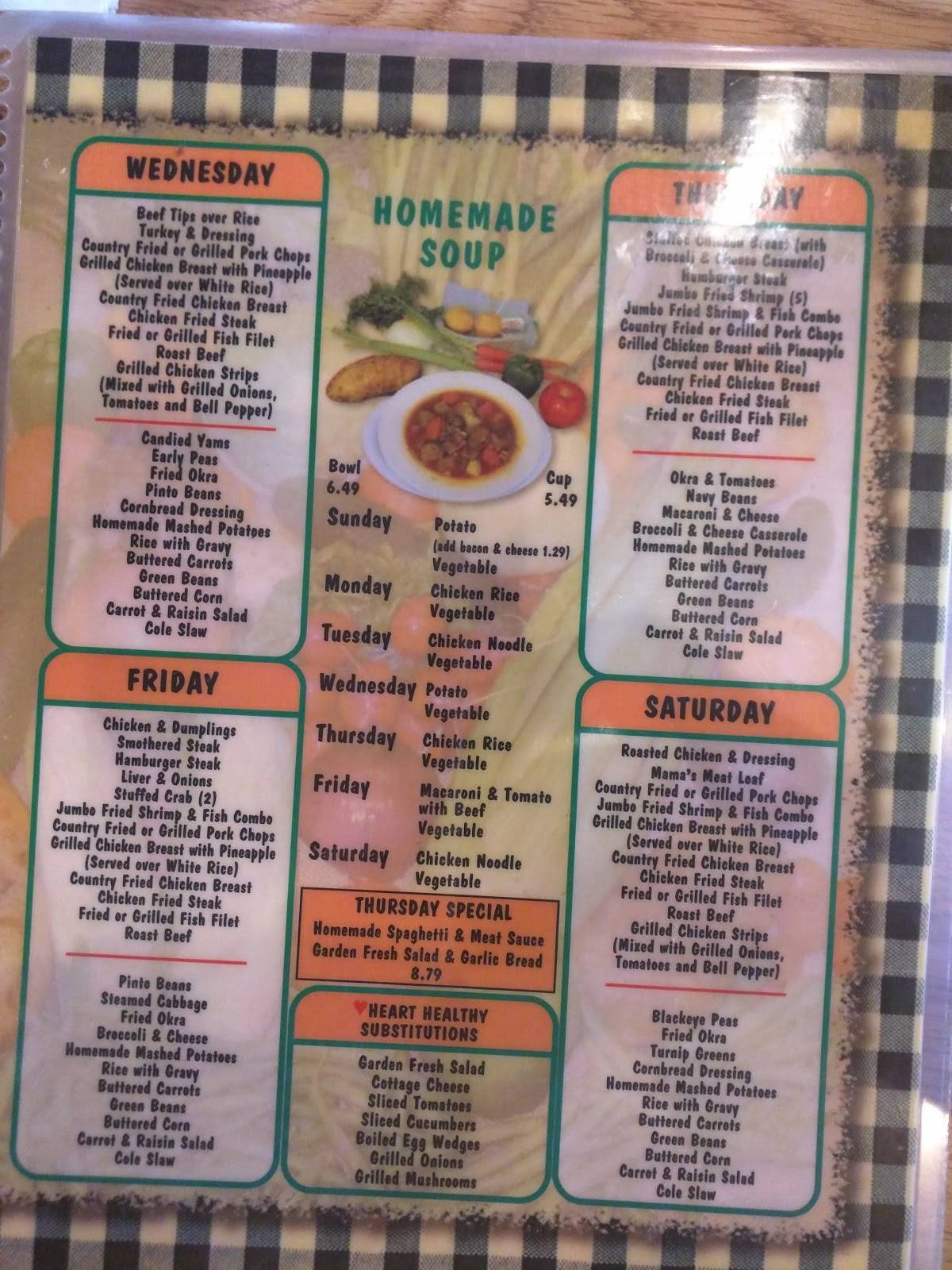 Menu at Kelley's Country Cookin' restaurant, Pasadena, Spencer Hwy