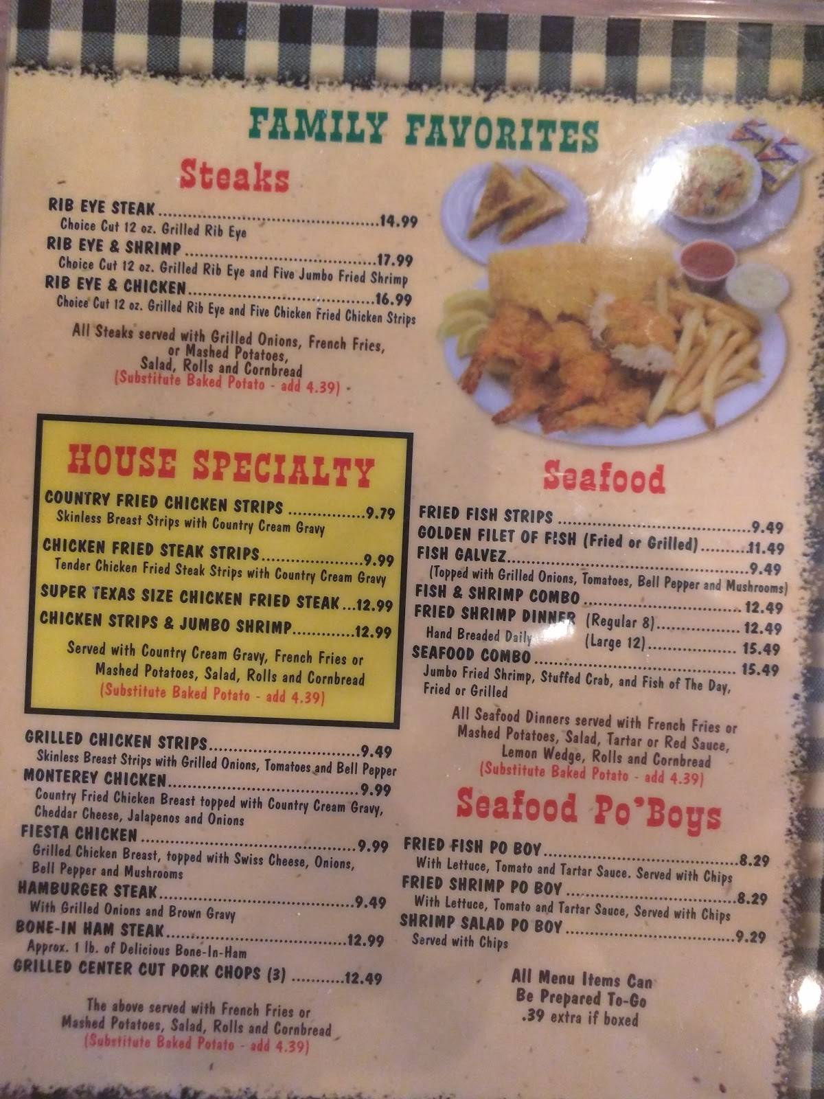 Menu at Kelley's Country Cookin' restaurant, Pasadena, Spencer Hwy