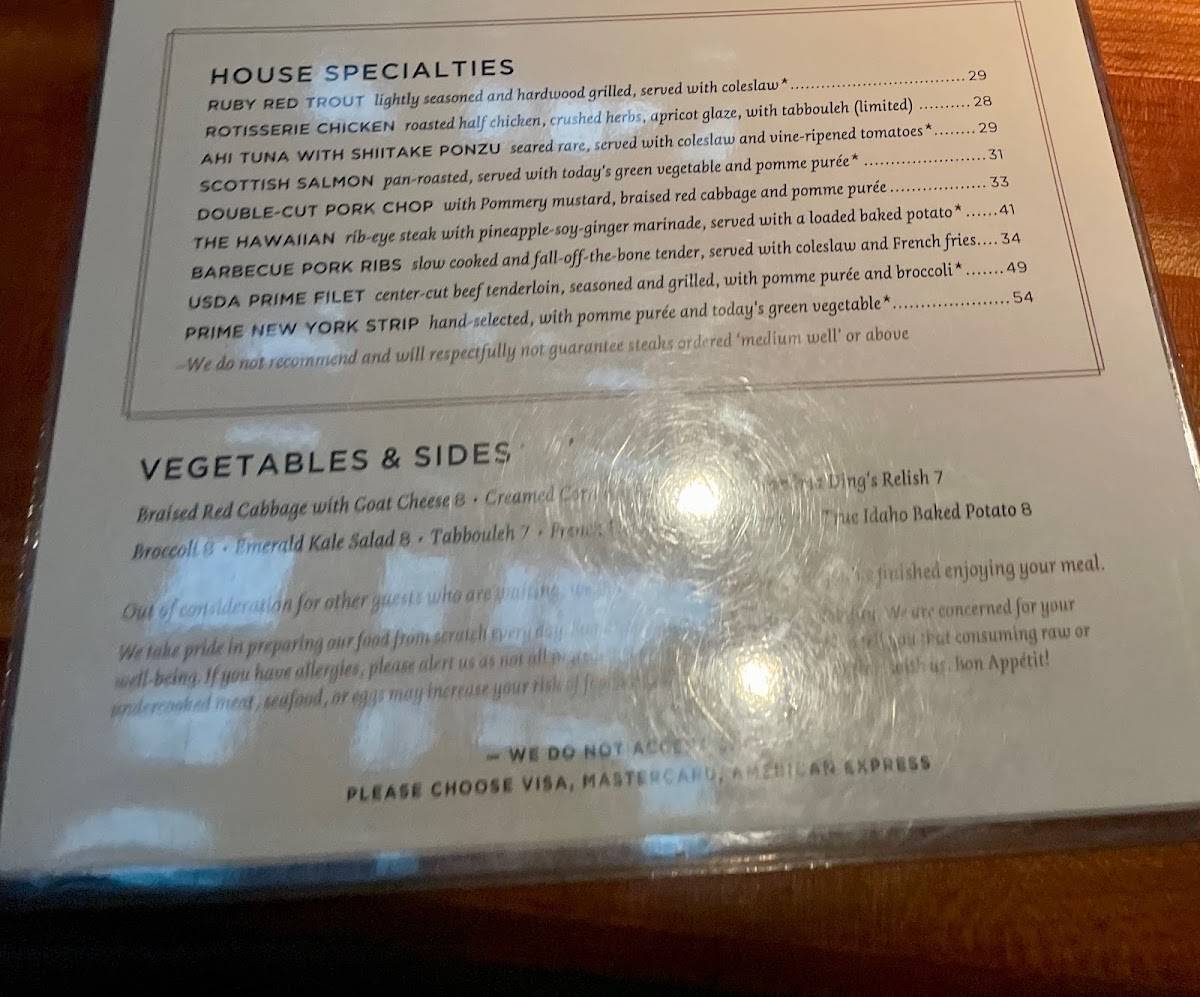 Menu at Houston's steakhouse, Boca Raton