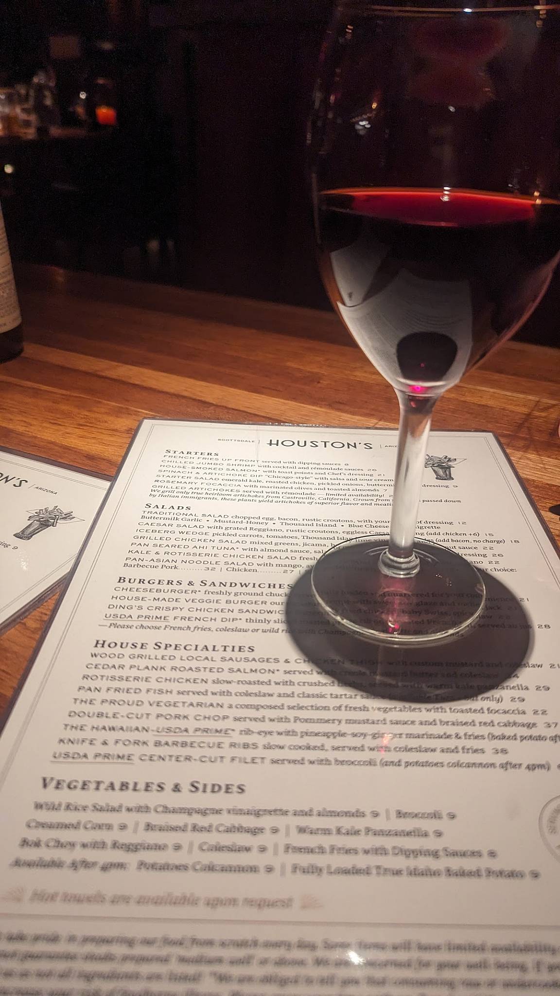 Menu at Houston's steakhouse, Scottsdale
