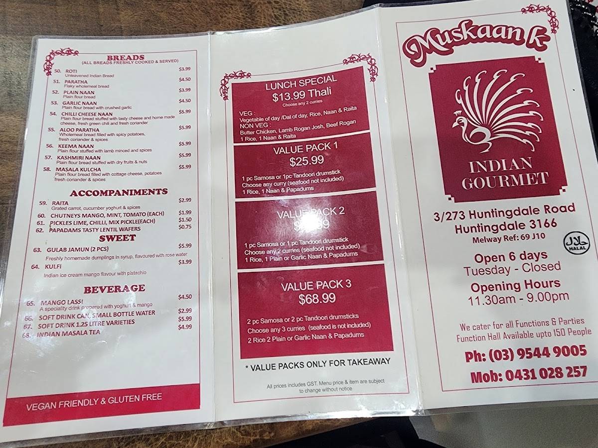 Menu at Muskaan K Indian Gourmet restaurant, Huntingdale