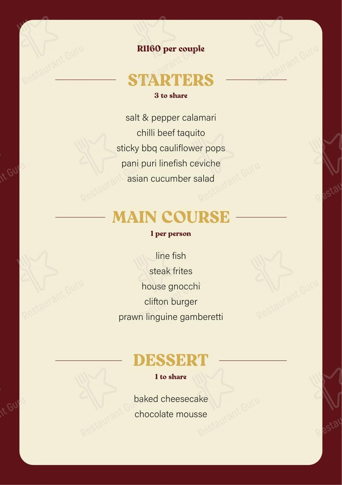 Menu at Hugo Social Club, Cape Town