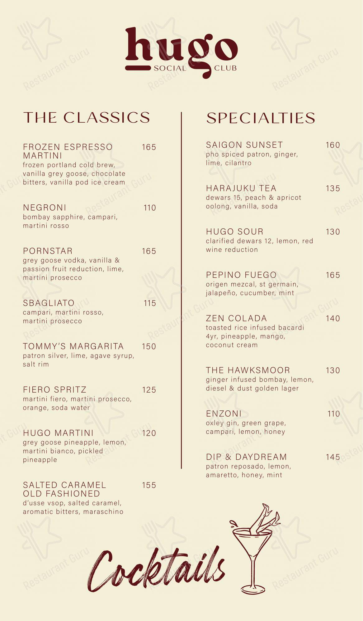 Menu at Hugo Social Club, Cape Town