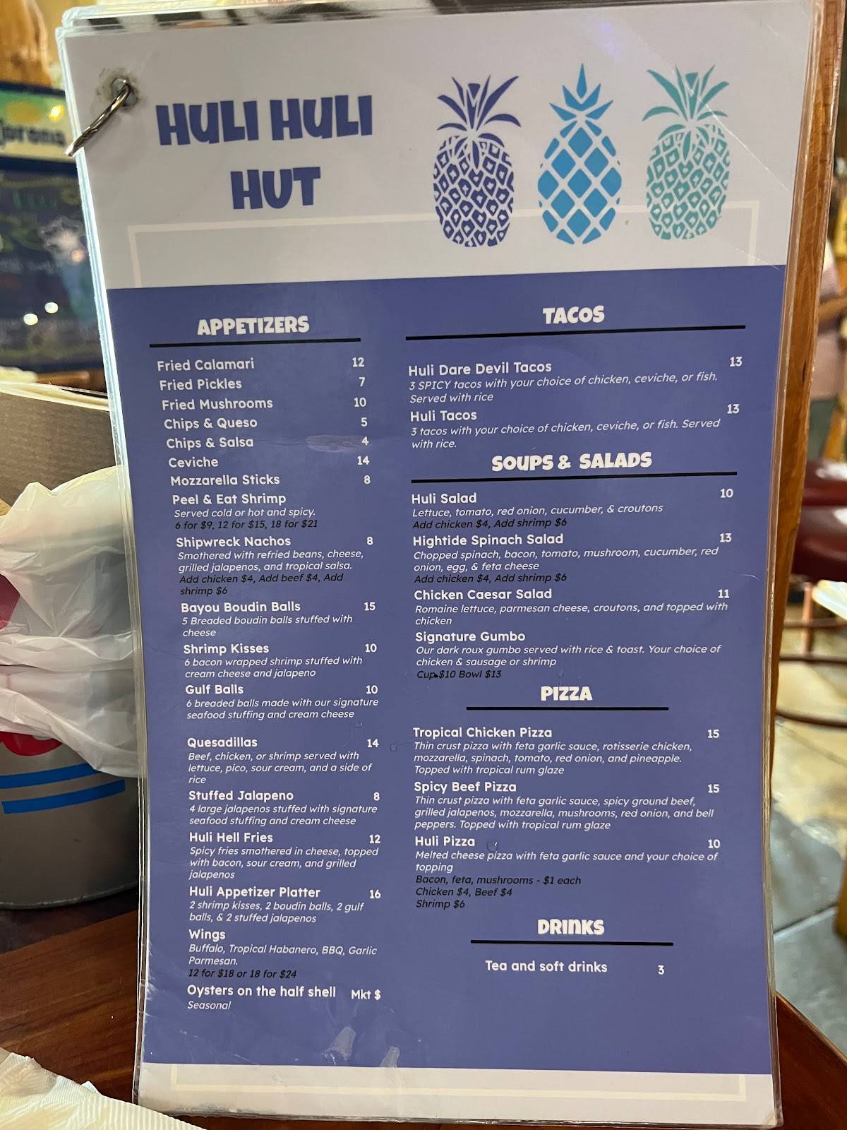 Menu at Huli Huli Hut restaurant, Galveston