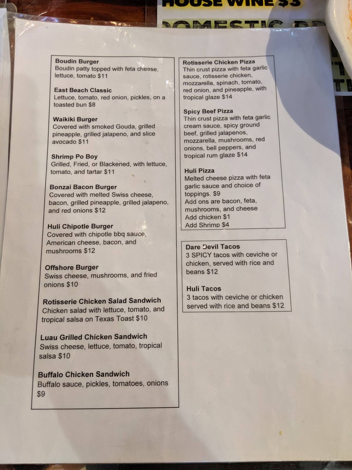 Menu at Huli Huli Hut restaurant, Galveston