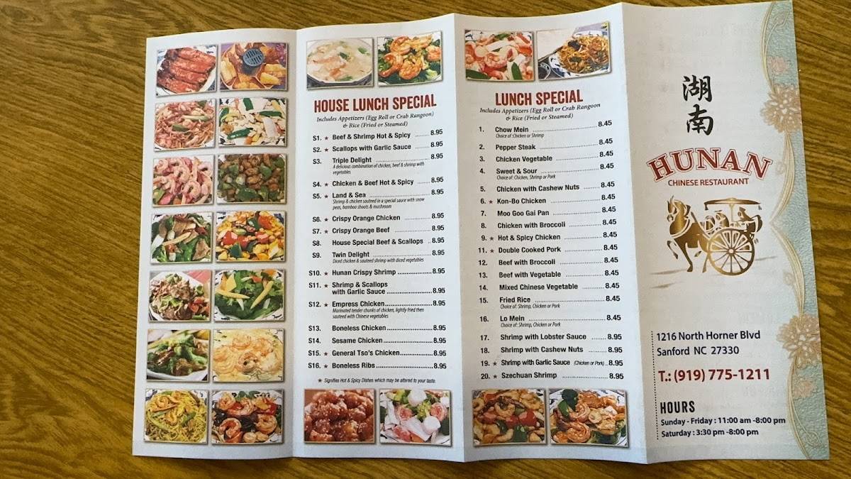Menu at Hunan restaurant, Sanford