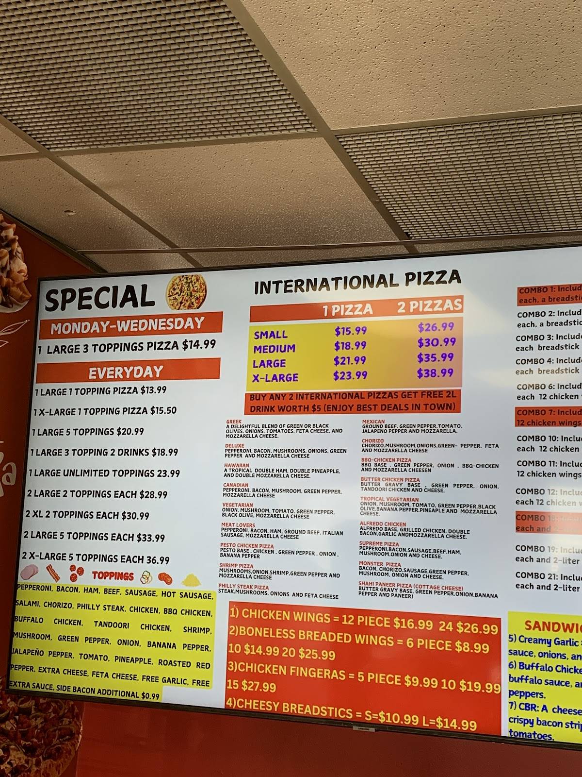 Menu at Hungry Bite Pizza restaurant, Winnipeg