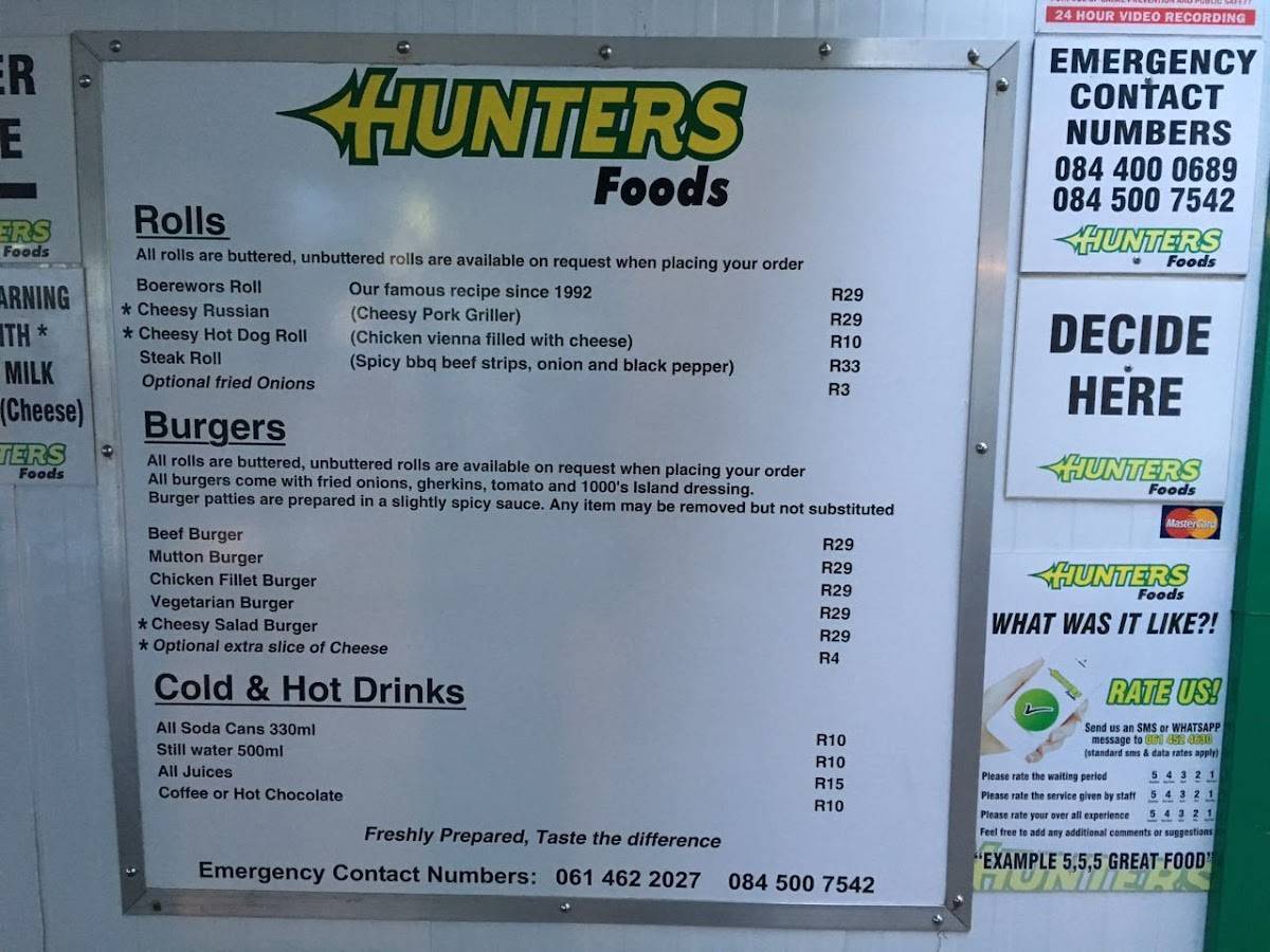 Menu at Hunters Café restaurant, Durban