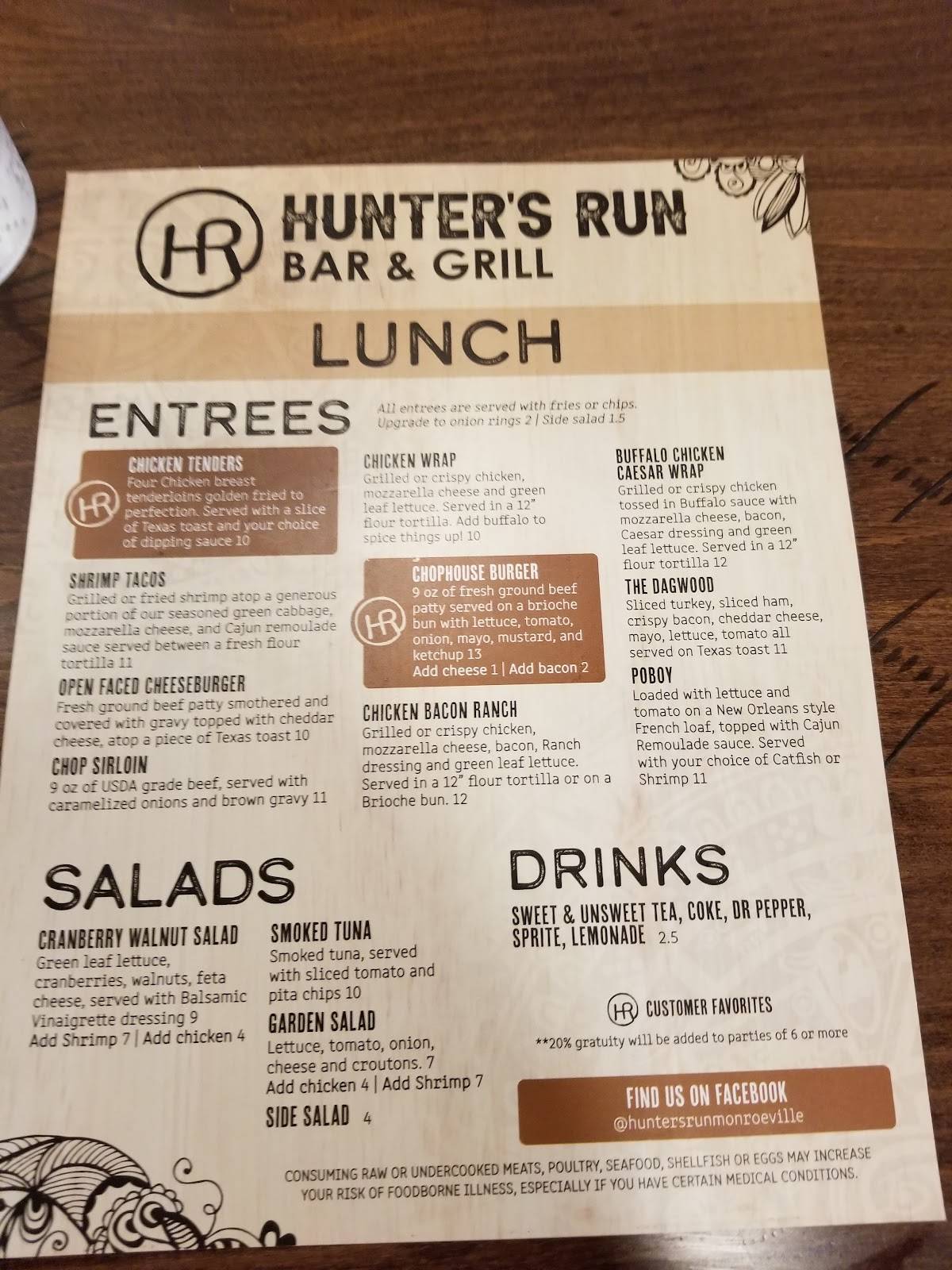 Menu at Hunters Run Bar & Grill, Monroeville AL, Monroeville