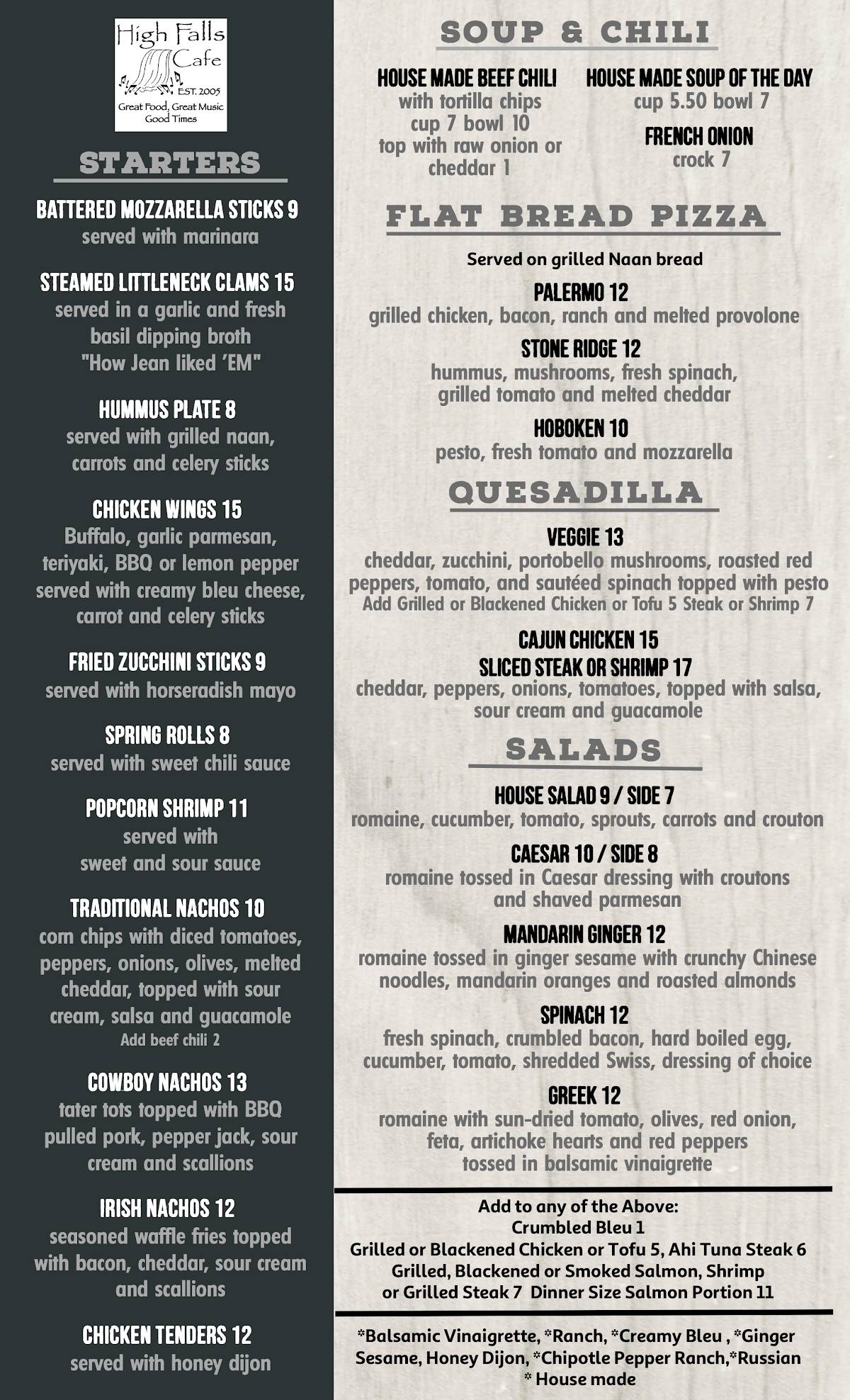 Menu at High Falls Cafe, Hurley, US-209