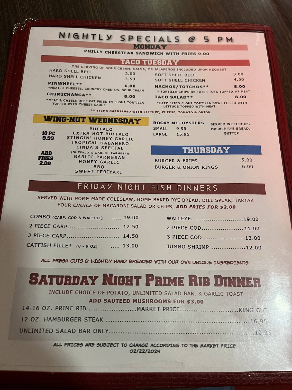Menu at Husker Bar III, Brainard