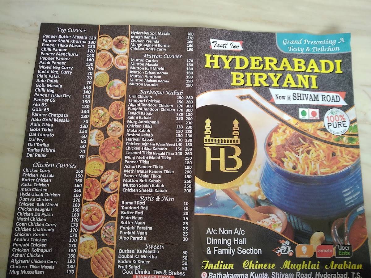 Menu at Hyderabadi Biraniy, Hyderabad