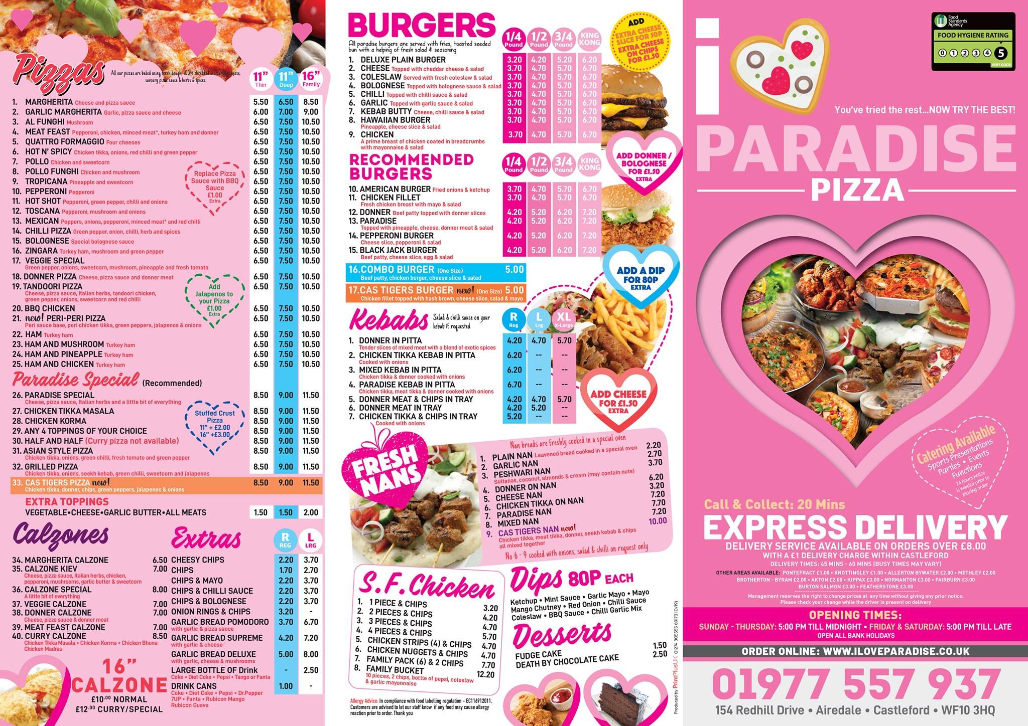 Menu at I Love Paradise Pizza Ltd fast food, Castleford